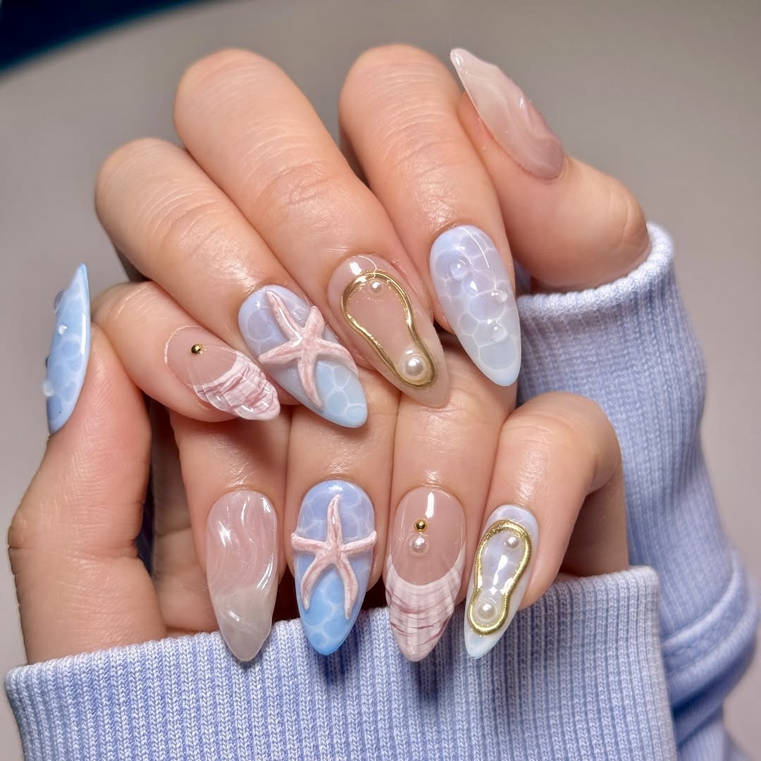 35 Ocean Nails 2025 Ideas That Bring the Sea to Your Fingertips with Waves, Pearls, and Starfish ...